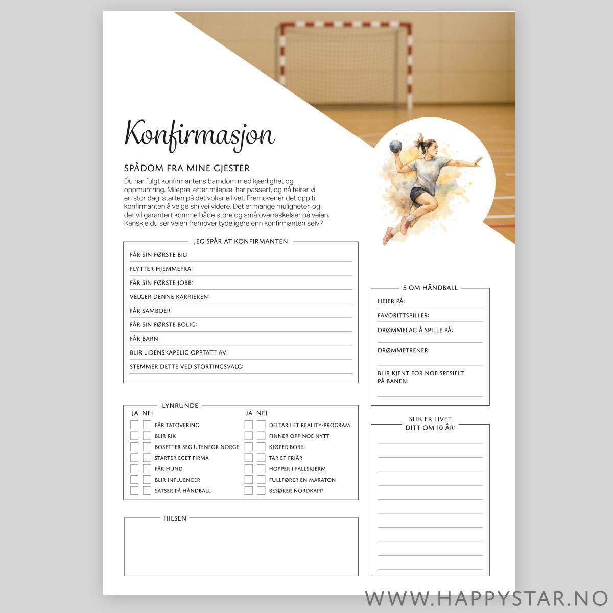 Spådomsark Håndball jente - Norsk design med smilegaranti